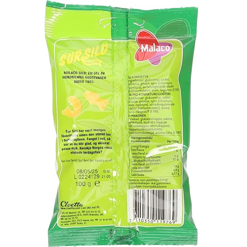 Malaco Sur Sild 100g | Klassisk surt godteri med sitronsmak ...